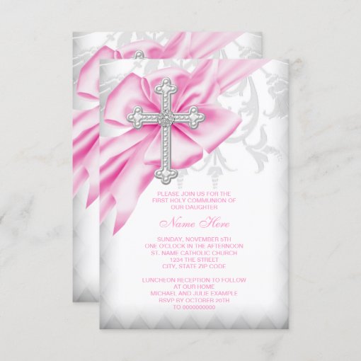 Pink Damask Cross First Communion Invitation | Zazzle