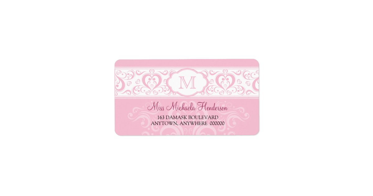 Pink Damask Monogram Address Label | Zazzle
