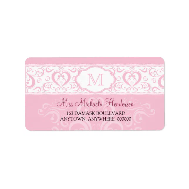Pink Damask Monogram Address Label | Zazzle