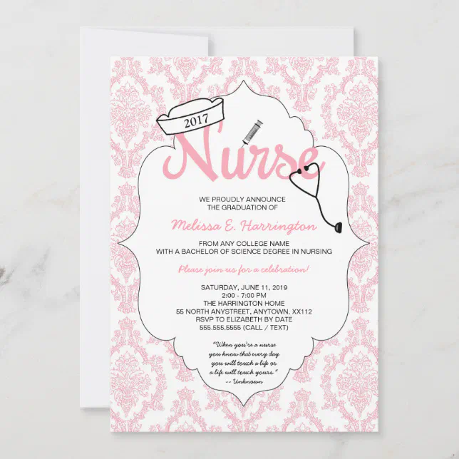 Pink Damask Nurse graduation pinning invite | Zazzle