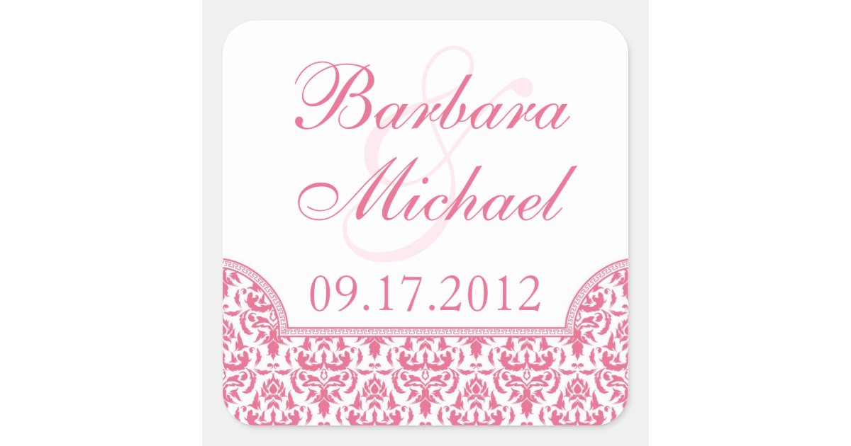 Pink Damask Square Wedding Stickers | Zazzle