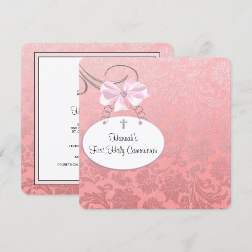 Pink Damaskt Cross Girls First Communion Invitation | Zazzle