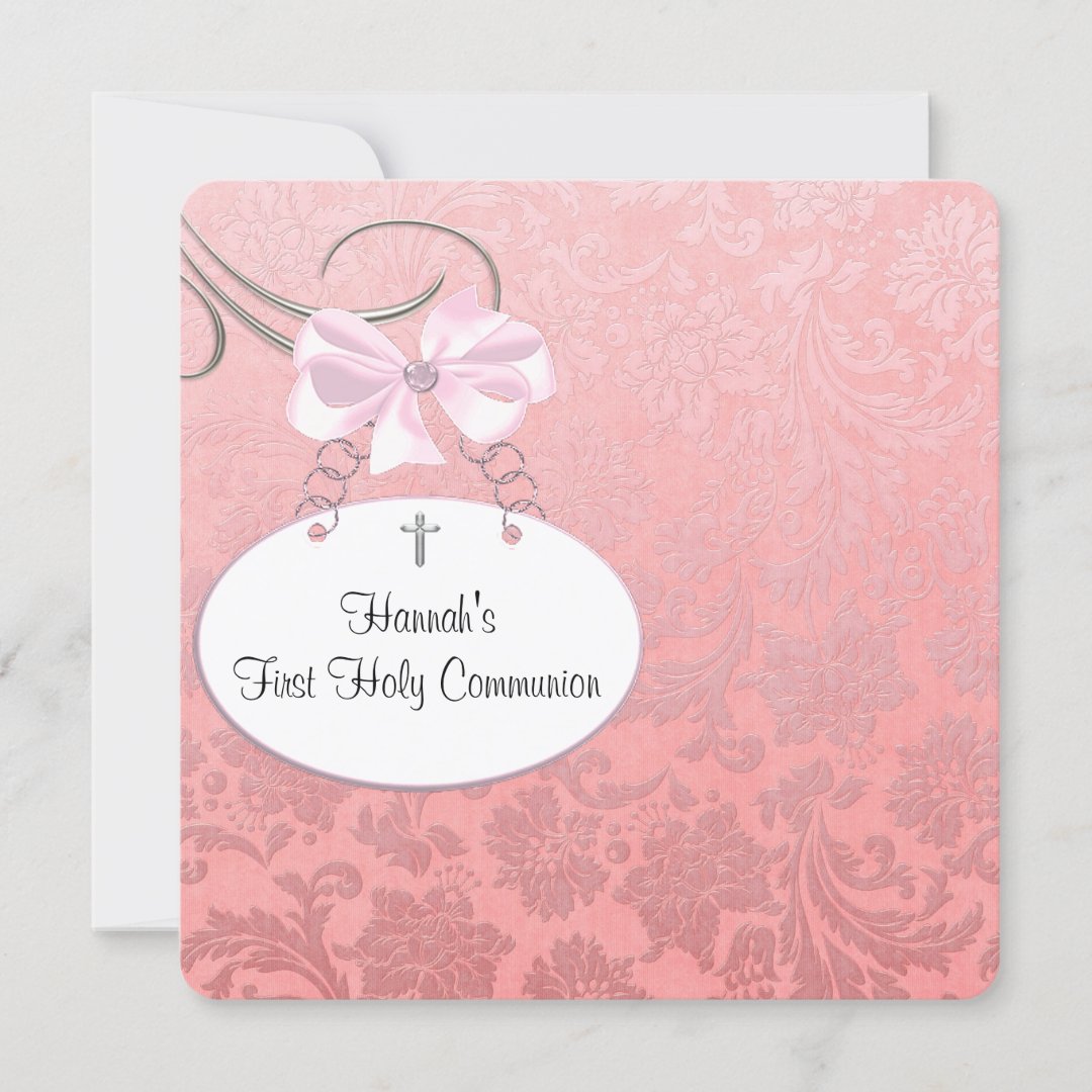 Pink Damaskt Cross Girls First Communion Invitation | Zazzle