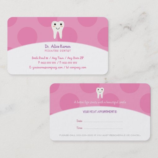 Pink Dentist for kids | Pediatric Dentist Appointment Card | Zazzle