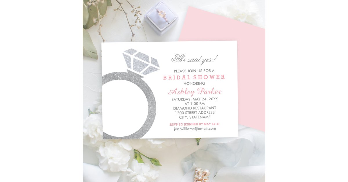 Pink Diamond Ring Glitter Wedding Bridal Shower Invitation | Zazzle