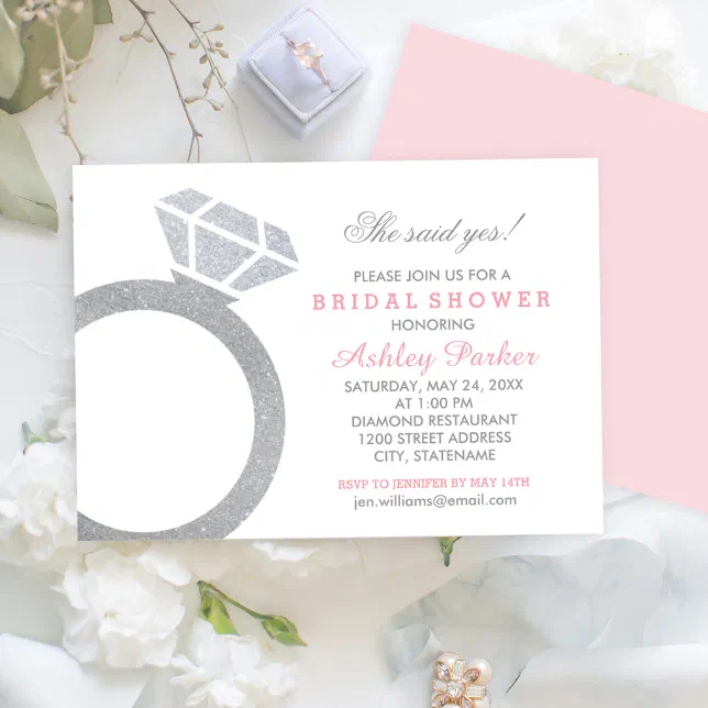 Pink Diamond Ring Glitter Wedding Bridal Shower Invitation | Zazzle
