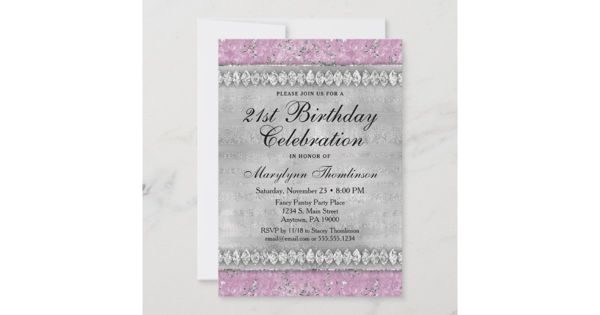 Pink Diamonds Birthday Invitation Velvet Silver | Zazzle