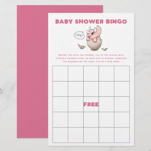 Pink Dinosaur Baby Shower Bingo Game | Zazzle