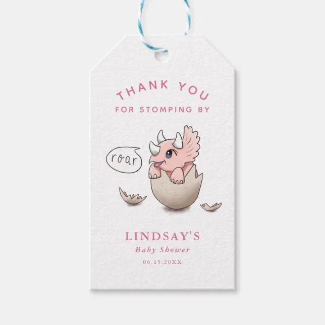 Pink Dinosaur Baby Shower Thank You Stomping By Gift Tags | Zazzle