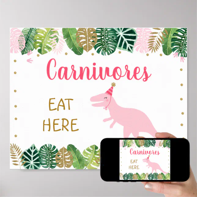 Pink Dinosaur Carnivores Birthday Food Table Sign | Zazzle