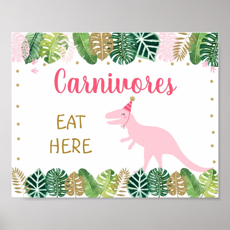 Pink Dinosaur Carnivores Birthday Food Table Sign | Zazzle