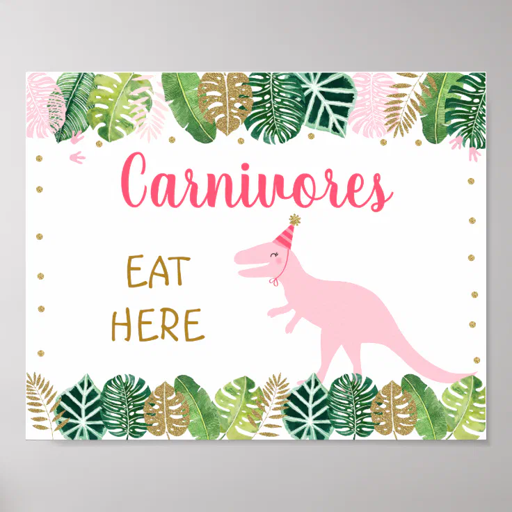Pink Dinosaur Carnivores Birthday Food Table Sign | Zazzle