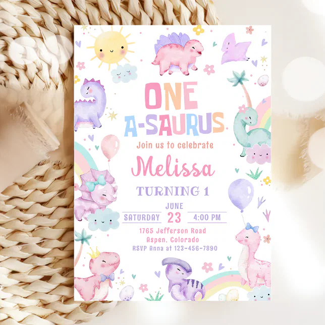 Pink Dinosaur One-A-Saurus 1st Birthday Party Invitation | Zazzle