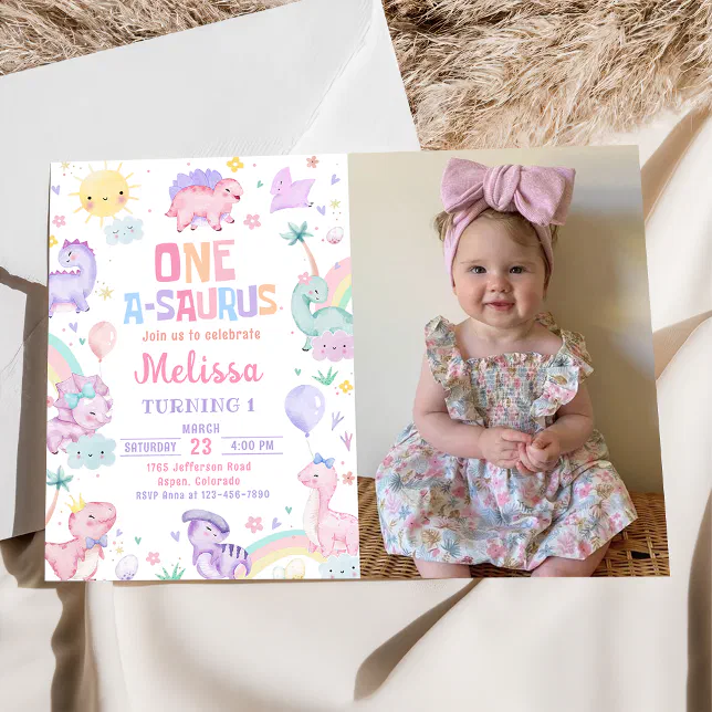 Pink Dinosaur One-A-Saurus 1st Birthday Photo Invitation | Zazzle