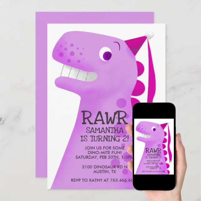 Pink Dinosaur Princess Birthday Party Invitation | Zazzle