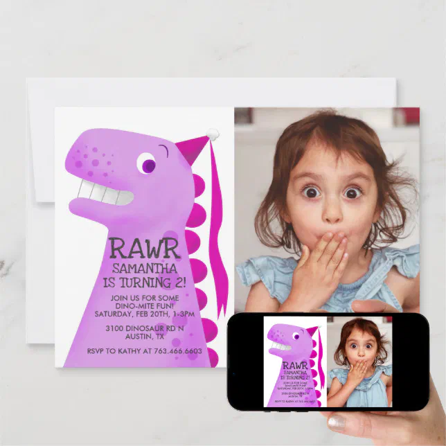 Pink Dinosaur Princess Birthday Party Photo Invitation | Zazzle