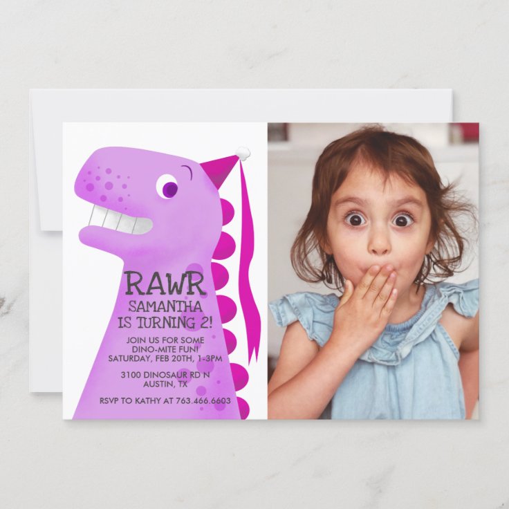 Pink Dinosaur Princess Birthday Party Photo Invitation | Zazzle