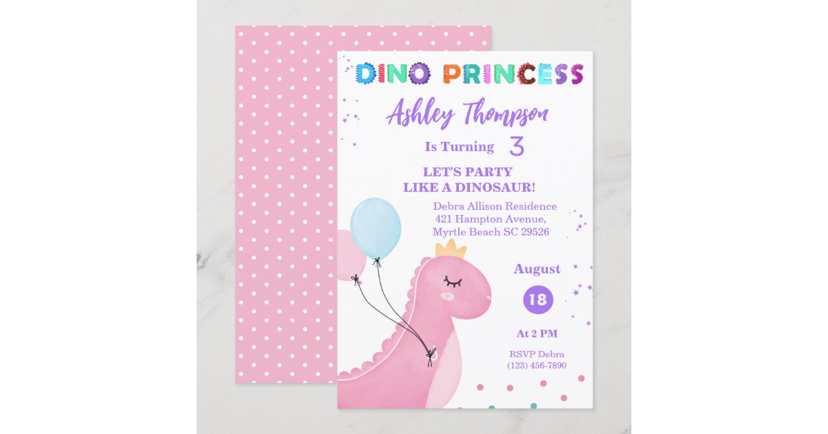 Pink Dinosaur Princess Girls TRex Birthday Party Invitation | Zazzle