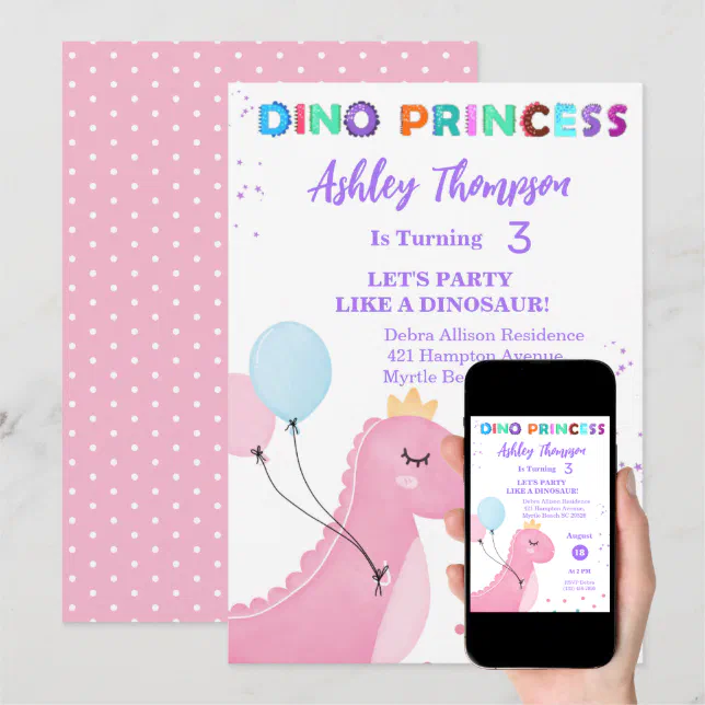 Pink Dinosaur Princess Girls TRex Birthday Party Invitation | Zazzle