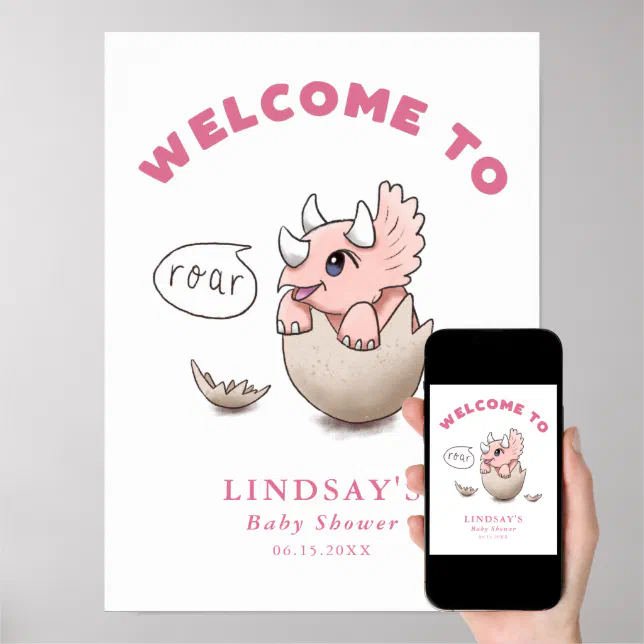 Pink Dinosaur Theme Baby Shower Welcome Poster | Zazzle