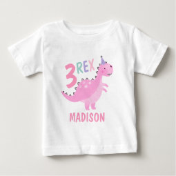 Pink Dinosaur Three Rex 3rd Birthday Party Baby T-Shirt | Zazzle