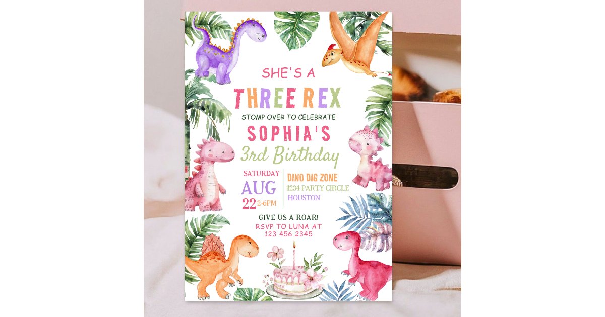 Pink Dinosaur Three Rex GIRL Birthday Invitation | Zazzle