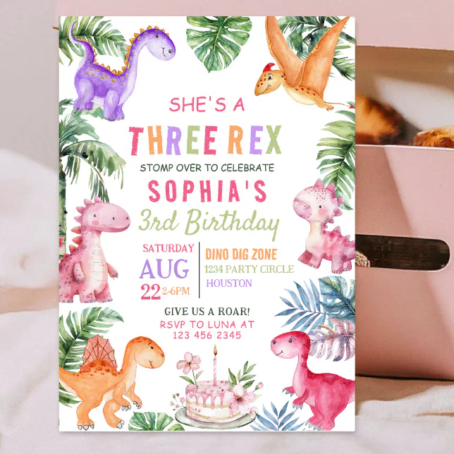 Pink Dinosaur Three Rex GIRL Birthday Invitation | Zazzle