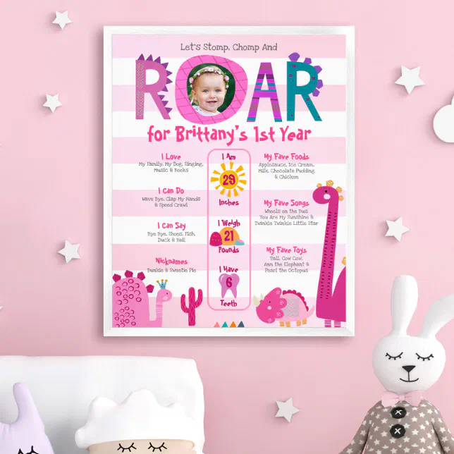 Pink Dinosaurs Photo Girl 1st Birthday Milestone Poster | Zazzle