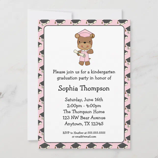 Pink Diploma Bear Girl Graduation Invitation | Zazzle