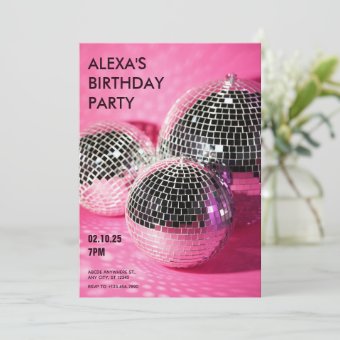 Pink disco ball Birthday Party Invitation | Zazzle