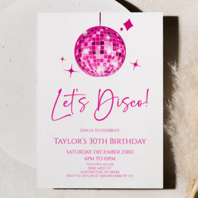 Pink Disco Ball Let's Disco Birthday Party Invitation | Zazzle