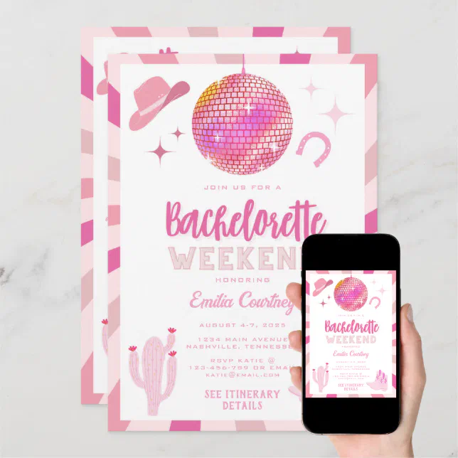 Pink Disco Cowgirl Rodeo Bachelorette Weekend Invitation | Zazzle