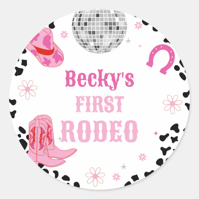 Pink Disco First Rodeo Cowgirl 1st Birthday Classic Round Sticker | Zazzle