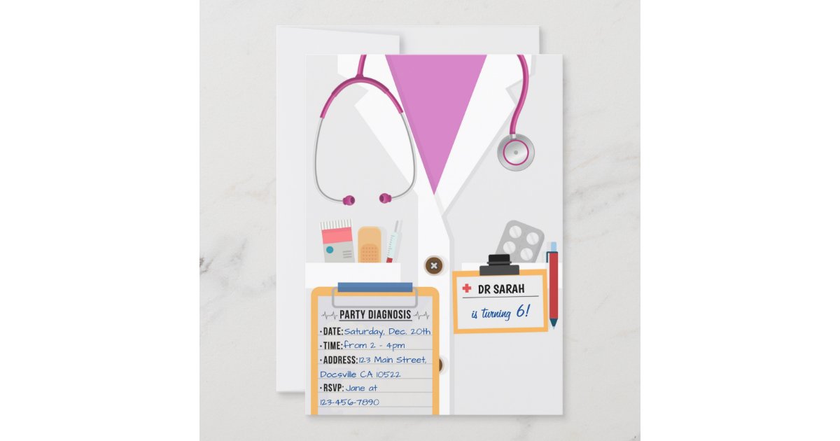 Pink Doctor Scrubs Birthday Party Invitation | Zazzle