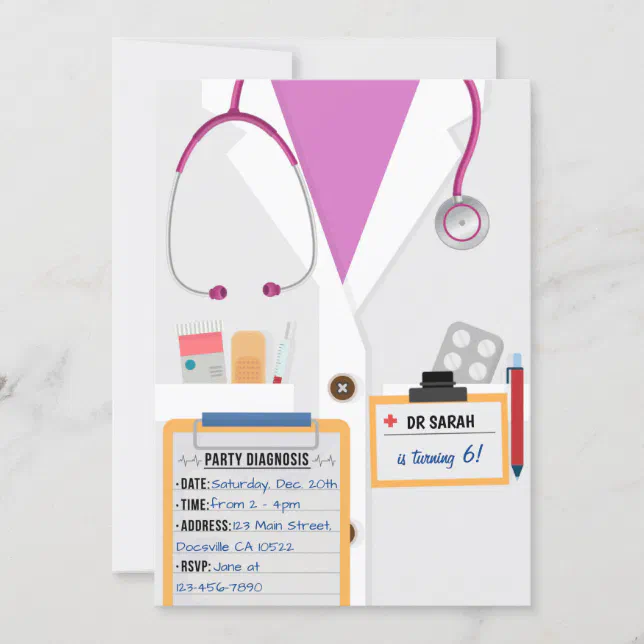 Pink Doctor Scrubs Birthday Party Invitation | Zazzle
