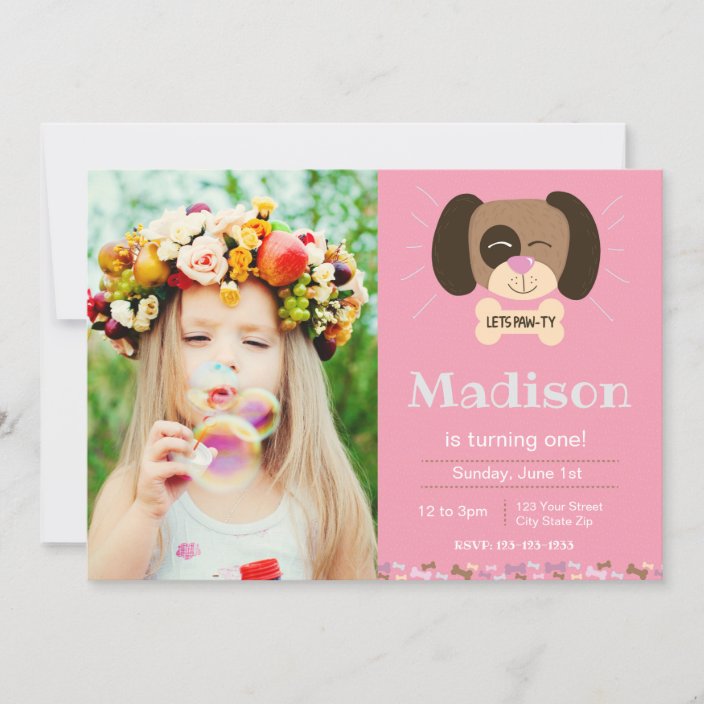 Pink Dog Pawty Birthday Invitation | Zazzle.com