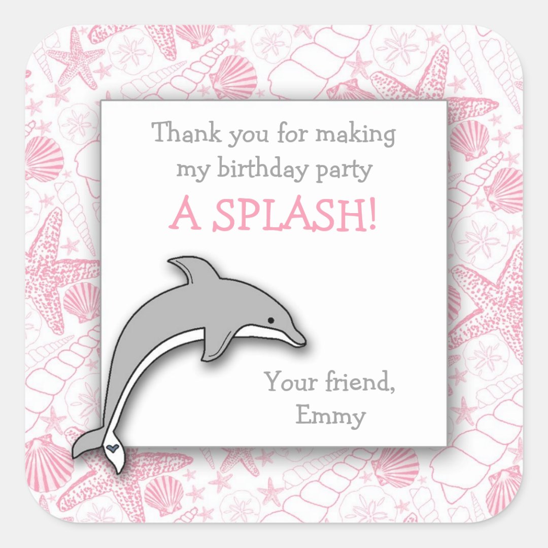 Pink Dolphin Seashells Birthday Party Favor Square Sticker | Zazzle