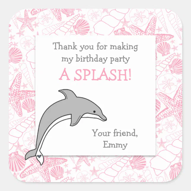 Pink Dolphin Seashells Birthday Party Favor Square Sticker | Zazzle