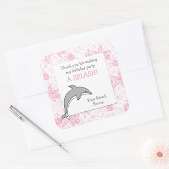 Pink Dolphin Seashells Birthday Party Favor Square Sticker | Zazzle
