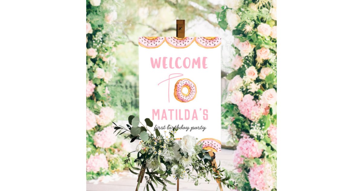 Pink donut birthday party welcome sign | Zazzle