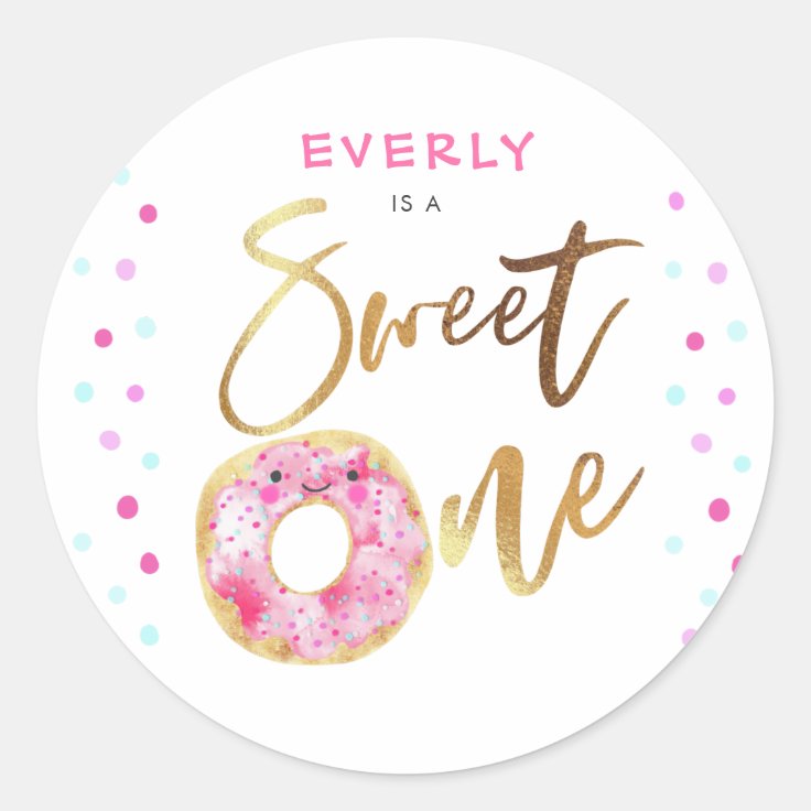 Pink Donut Sweet One Girls Birthday Party Classic Round Sticker | Zazzle