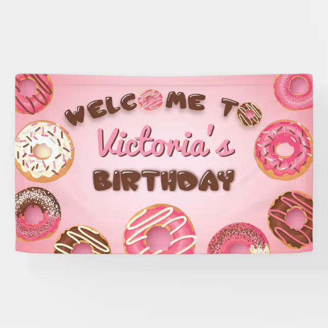 Pink Donuts Birthday Welcome Party Sign Banner | Zazzle