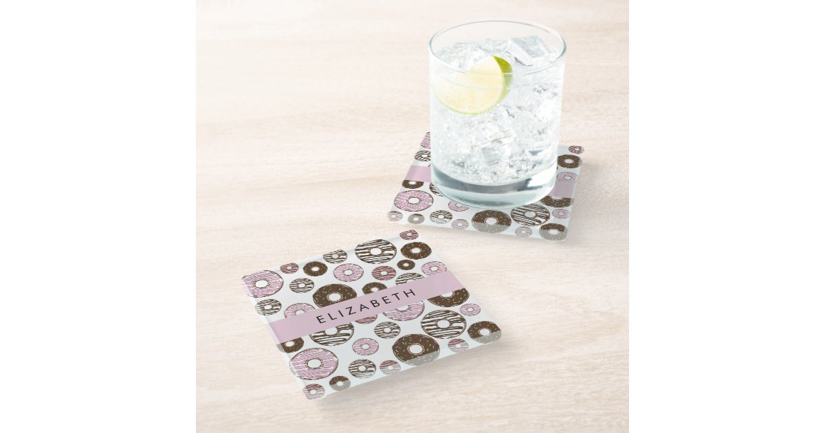 Pink Donuts, Brown Donuts, Sprinkles, Your Name Glass Coaster | Zazzle