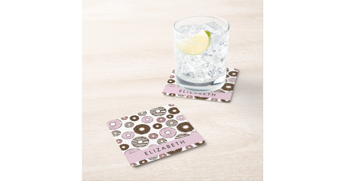 Pink Donuts, Brown Donuts, Sprinkles, Your Name Square Paper Coaster ...