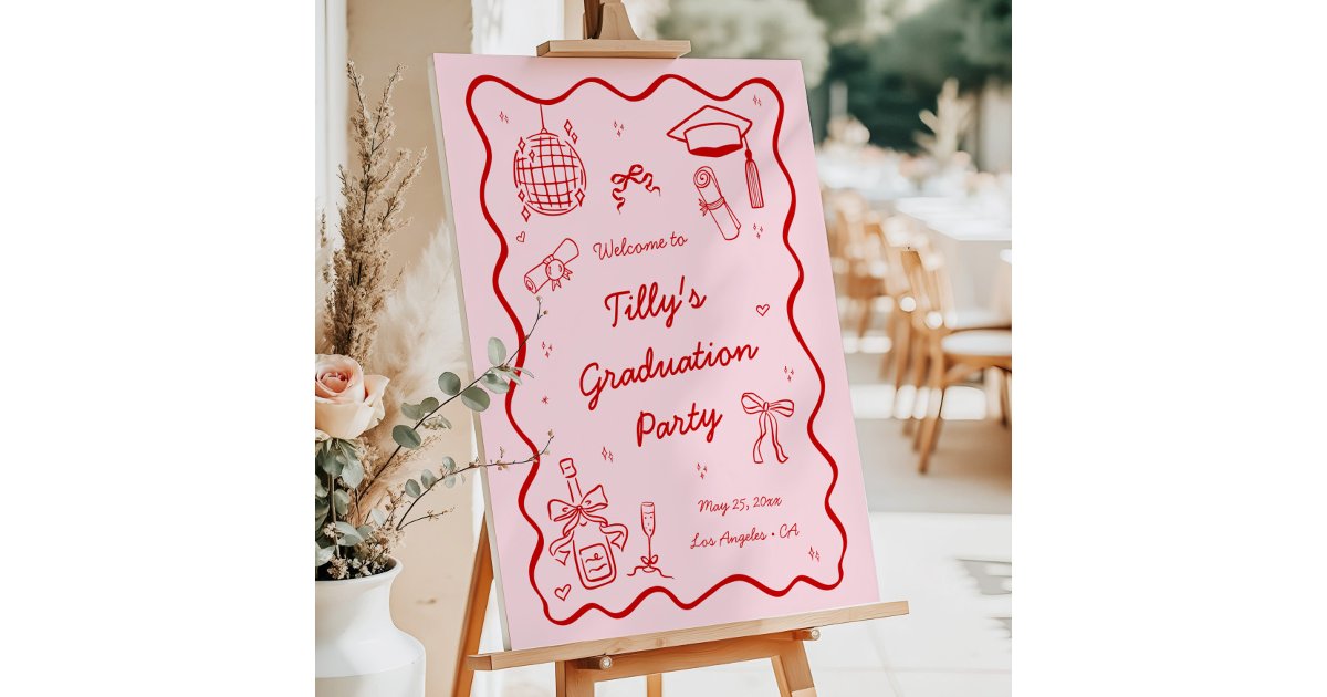 Pink Doodle Graduation Welcome Sign Hand Drawn Red | Zazzle