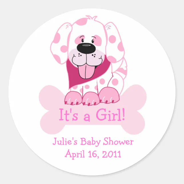 Pink Dot Puppy Dog Baby Shower Favor Stickers | Zazzle