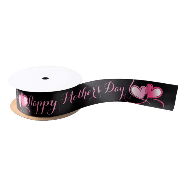 Pink Double Hearts Happy Mother's Day Satin Ribbon | Zazzle