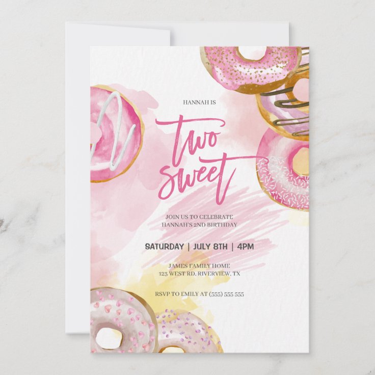 Pink Doughnut Two Sweet Donut 2nd Birthday Invitation | Zazzle