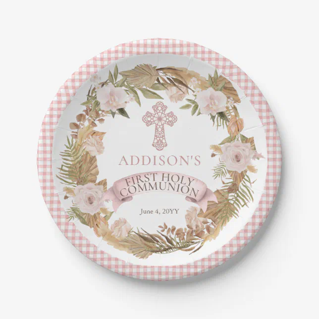 Pink Dried Floral Girl First Holy Communion Paper Plates | Zazzle