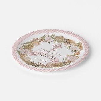 Pink Dried Floral Girl First Holy Communion Paper Plates | Zazzle